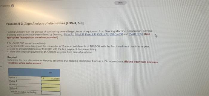 Solved 1 Problem 5-3 (Algo) Analysis of alternatives (LO5-3, | Chegg.com