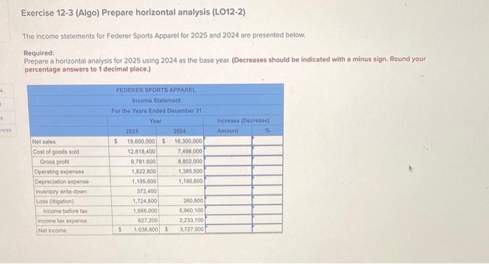 Solved Exercise 12-3 (Algo) Prepare horizontal analysis | Chegg.com