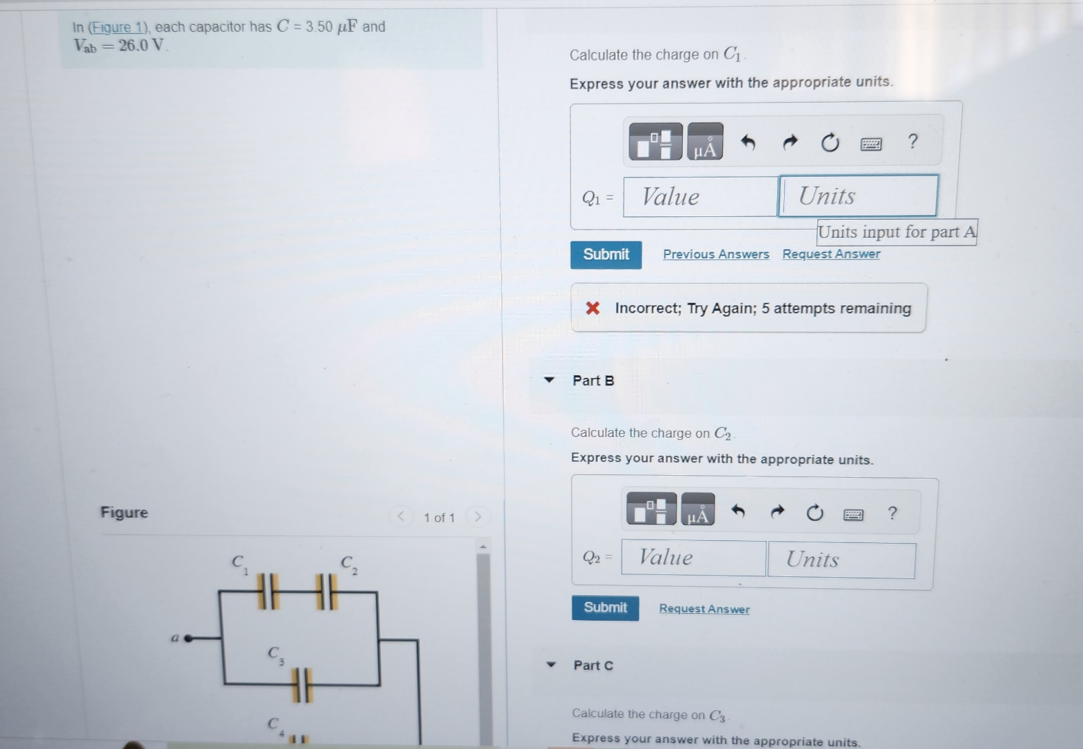 Solved ln (Figure 1), ﻿each capacitor has C=3.50μF | Chegg.com