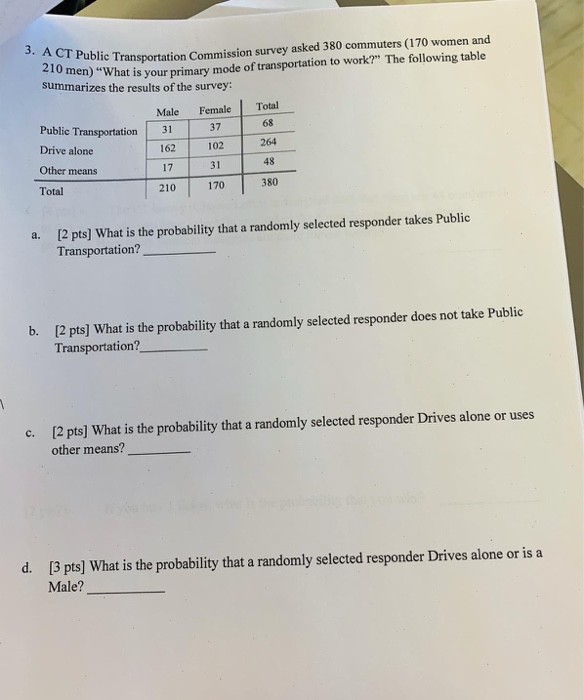 Solved 3. A CT Public Transportation Commission survey asked | Chegg.com