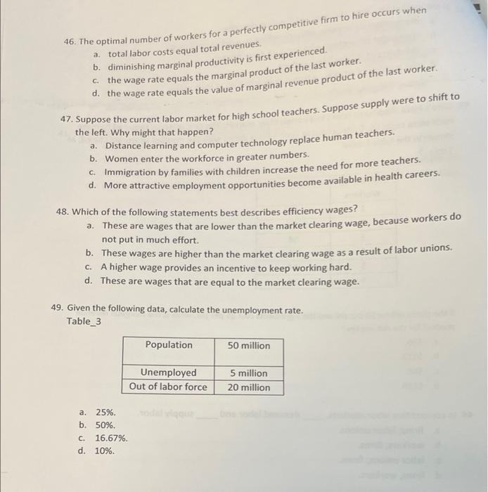 Solved 46. The optimal number of workers for a perfectly | Chegg.com