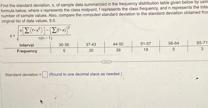 Solved Find the standard deviation, s, of sample data | Chegg.com