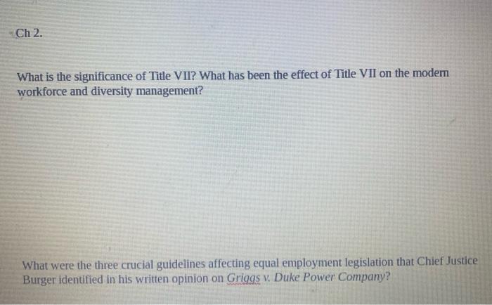 Solved Ch 2. What is the significance of Title VII? What has | Chegg.com