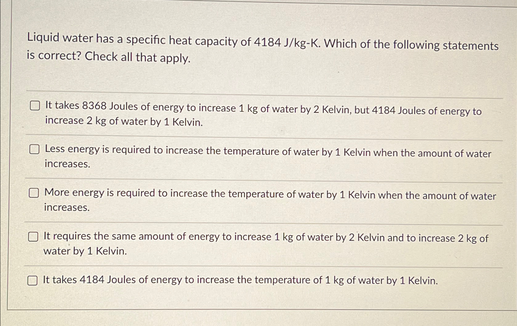 Solved Liquid water has a specific heat capacity of | Chegg.com