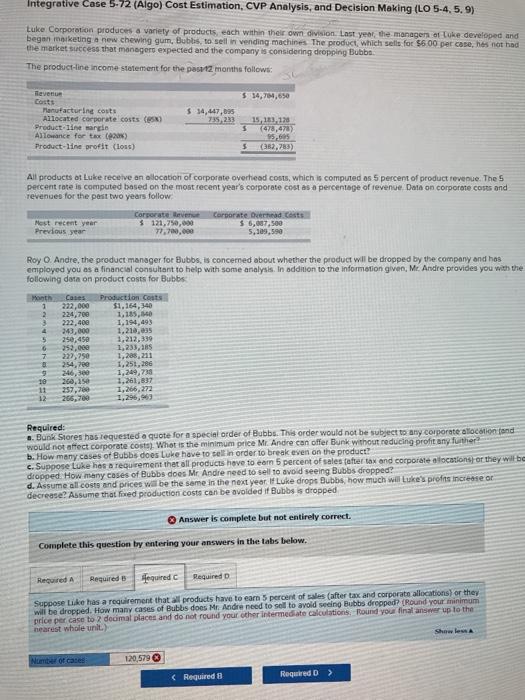 Integrative Case 5-72 (Algo) Cost Estimation, CVP | Chegg.com