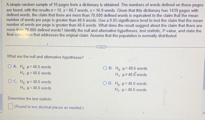 Solved A simple random sample of 10 pages from a dictionary | Chegg.com