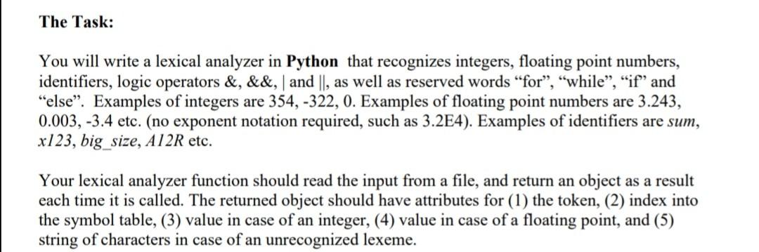 The Task: You will write a lexical analyzer in Python | Chegg.com