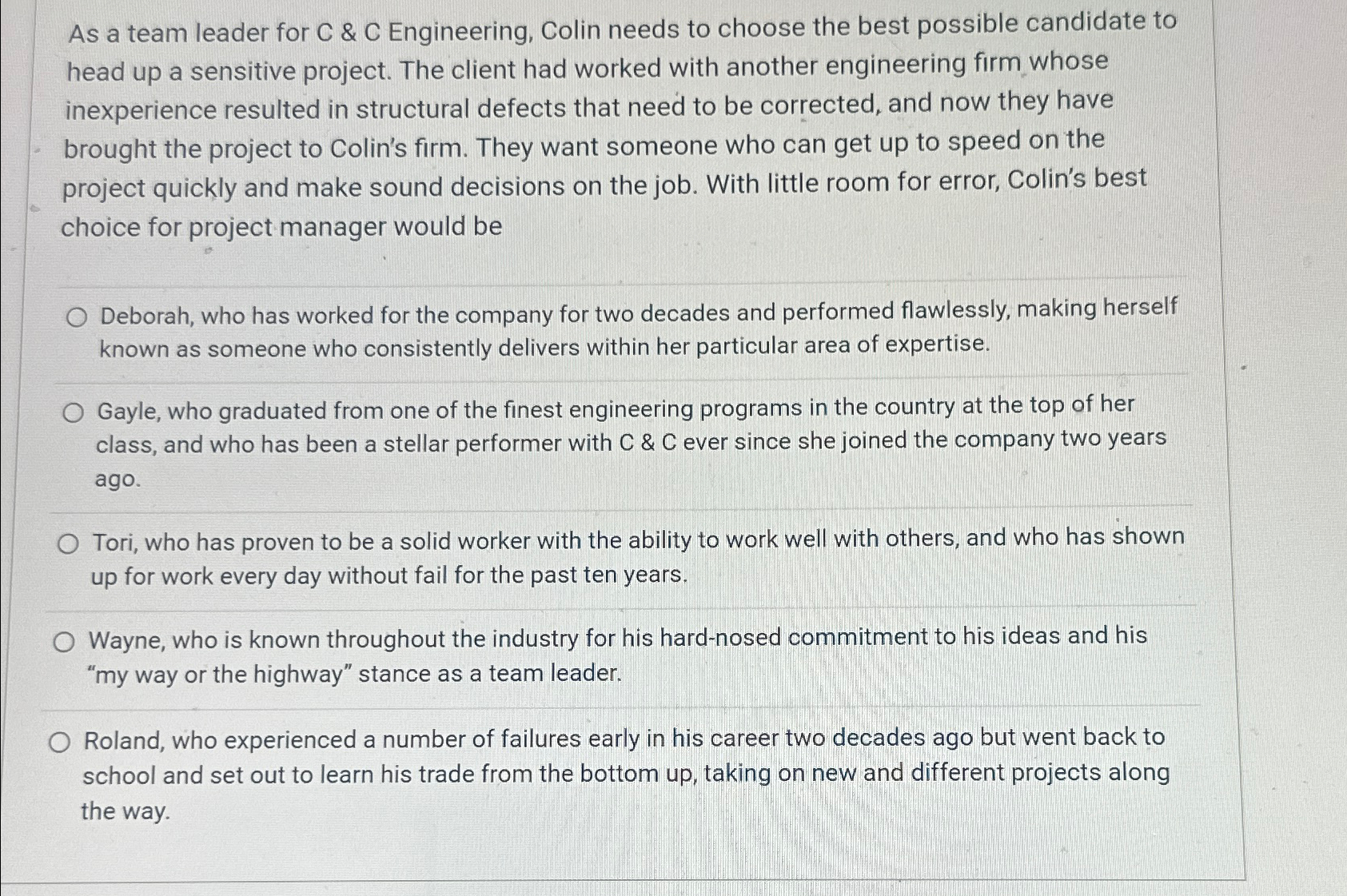 Solved As a team leader for C & C Engineering, Colin needs | Chegg.com