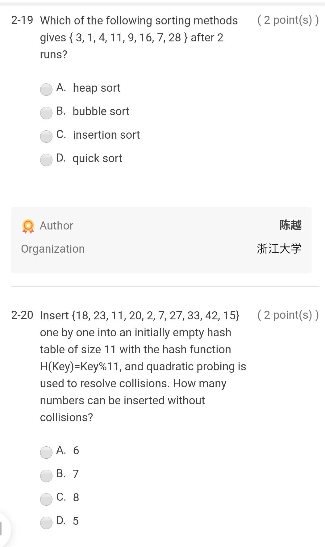 Solved 2-19 Which of the following sorting methods gives | Chegg.com