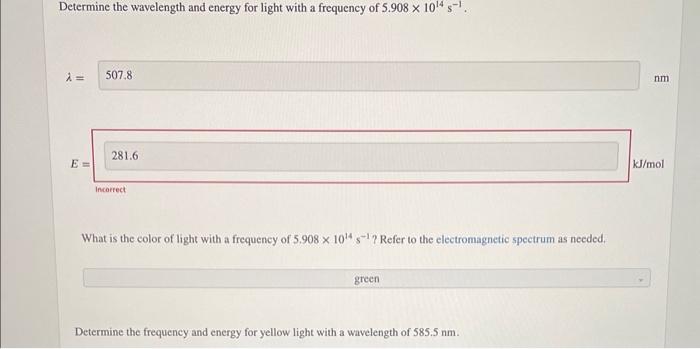 Solved etermine the frequency and energy for light with a | Chegg.com