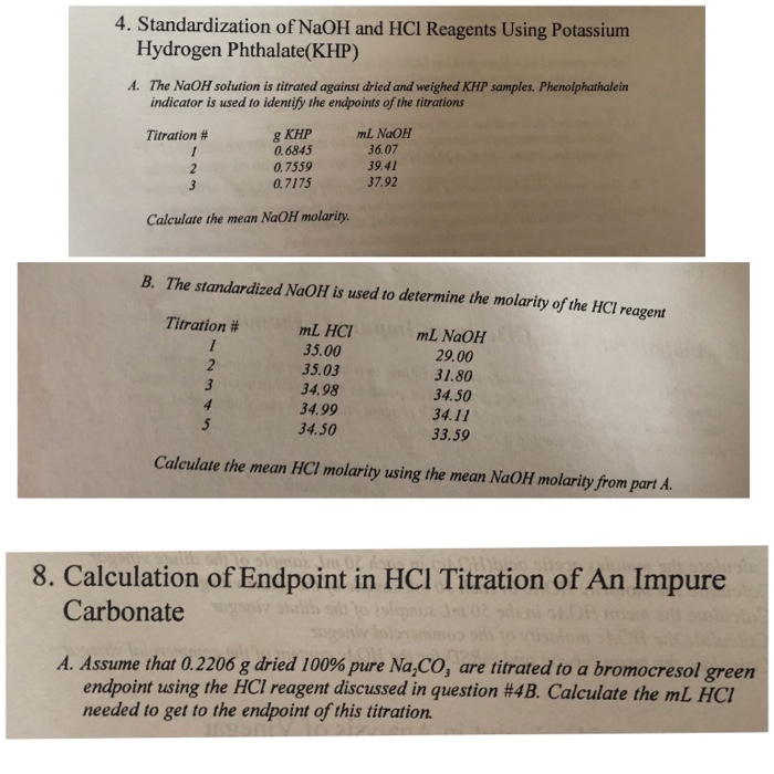 Solved 4. Standardization of NaOH and HCl Reagents Using | Chegg.com