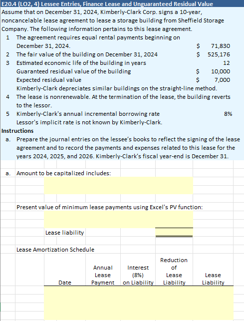 Solved E20.4 (LO2, 4) ﻿Lessee Entries, Finance Lease and | Chegg.com