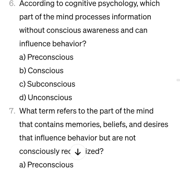 Solved According to cognitive psychology, which part of the | Chegg.com