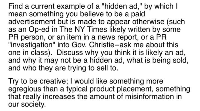 Find a current example of a "hidden ad," by which I | Chegg.com