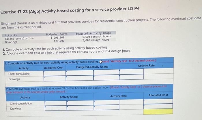 Solved Exercise 17-23 (Algo) Activity-based costing for a | Chegg.com