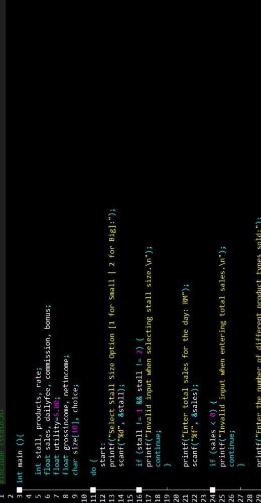 Solved int main ()int stall, products, rate;float sales, | Chegg.com