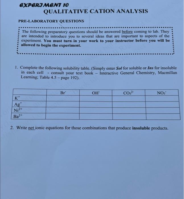 Solved EXPERJMENT 10 QUALITATIVE CATION ANALYSIS | Chegg.com