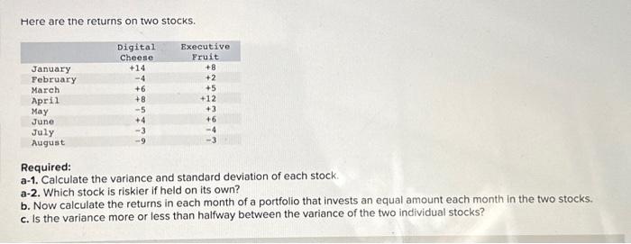 Solved Here are the returns on two stocks. Required: a-1. | Chegg.com