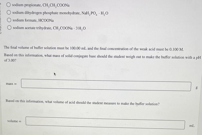 Solved A student must make a buffer solution with a pH of | Chegg.com