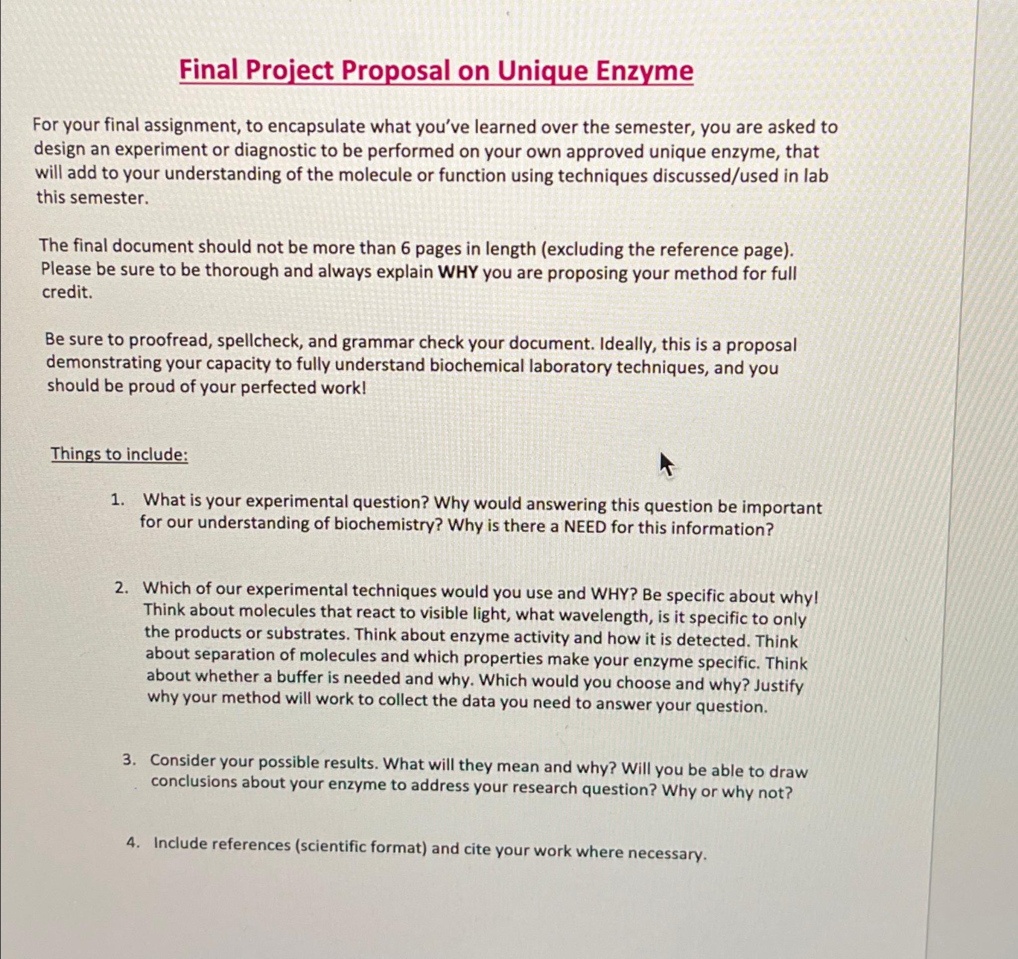 Solved Final Project Proposal on Unique EnzymeFor your final | Chegg.com