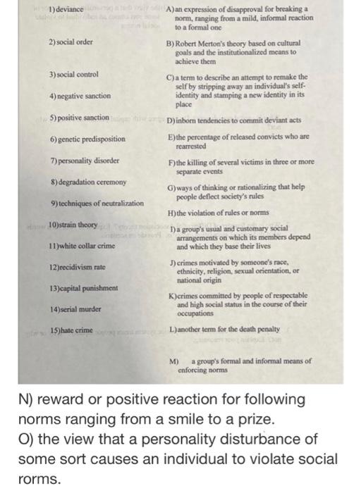 Solved 1) deviance to a 2) social order 3) social control 4) | Chegg.com