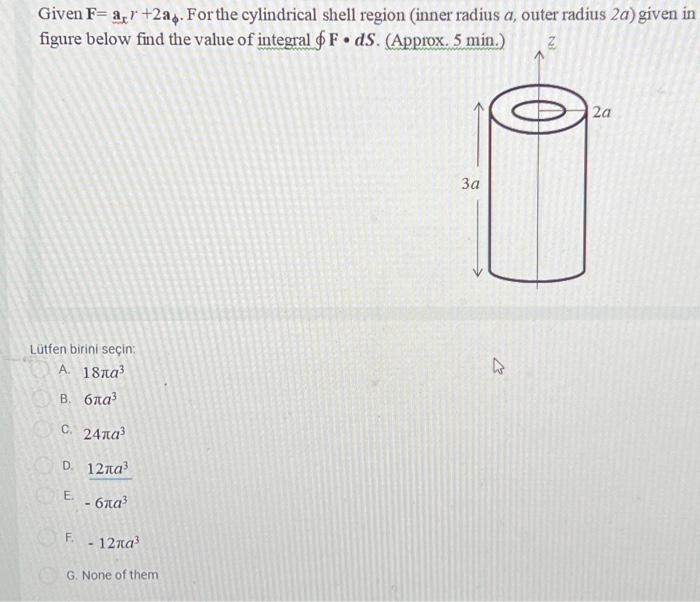 Solved Given F=axr+2aϕ. For the cylindrical shell region | Chegg.com