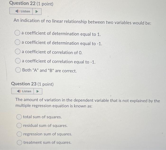 Solved An indication of no linear relationship between two | Chegg.com
