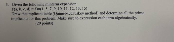 Solved 3. Given the following minterm expansion F(a, b, c, | Chegg.com
