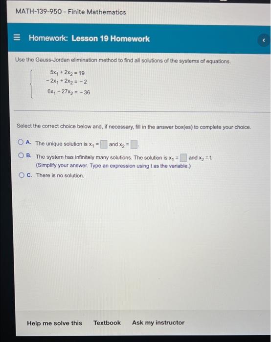 Solved MATH-139-950 - Finite Mathematics Homework: Lesson 19 | Chegg.com