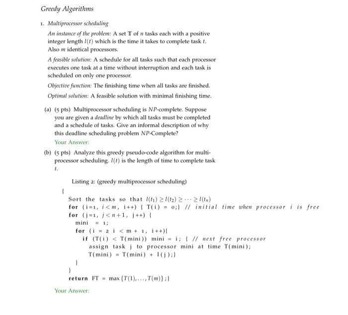 Solved Greedy Algorithms 1. Multiprocessor scheduling An | Chegg.com