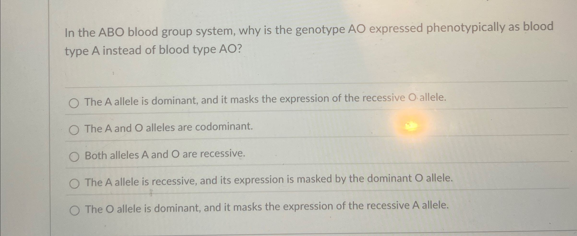 Solved In the ABO blood group system, why is the genotype AO | Chegg.com