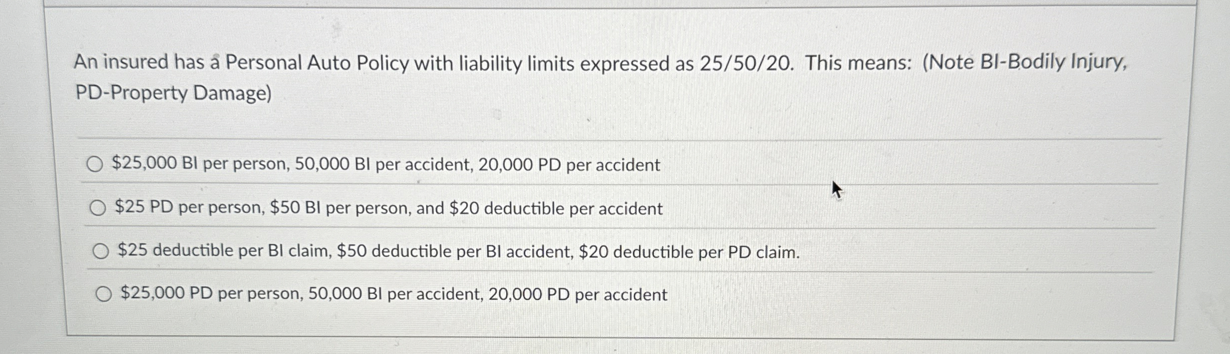 Solved An insured has â ﻿Personal Auto Policy with liability | Chegg.com