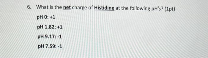 Solved 6. What is the net charge of Histidine at the | Chegg.com