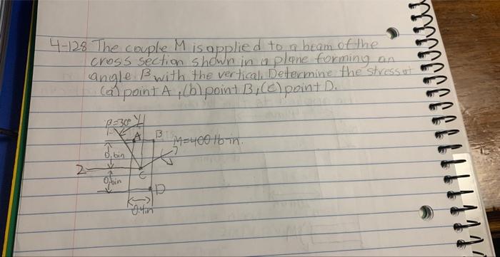 Solved 4-128 The couple M is applied to n beam of the cross | Chegg.com