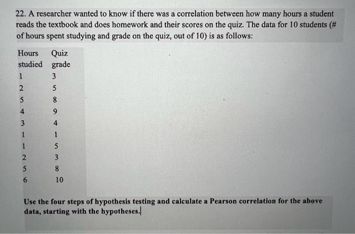 Solved 22. A researcher wanted to know if there was a | Chegg.com