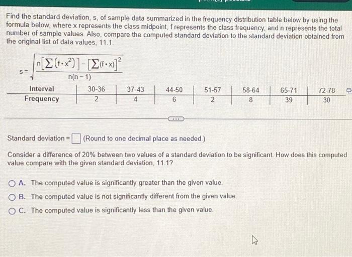 Solved Find the standard deviation, s, of sample data | Chegg.com