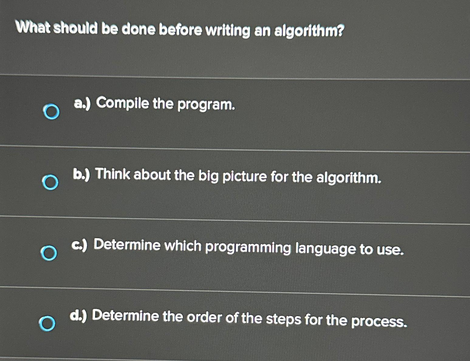 Solved What should be done before writing an algorithm?a.) | Chegg.com