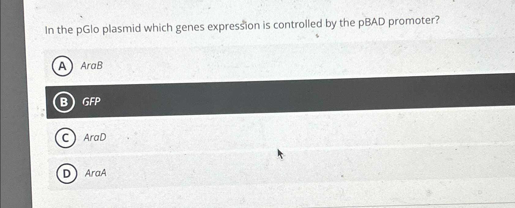 Solved In the pGlo plasmid which genes expression is | Chegg.com
