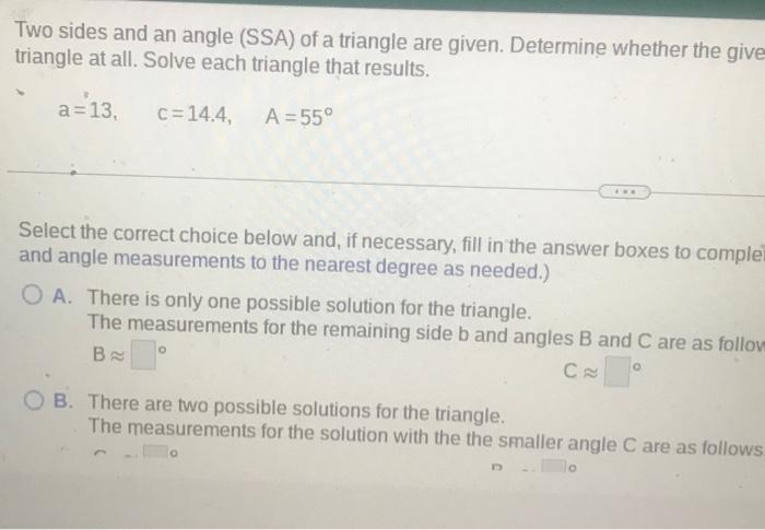 Solved Two sides and an angle (SSA) of a triangle are given. | Chegg.com