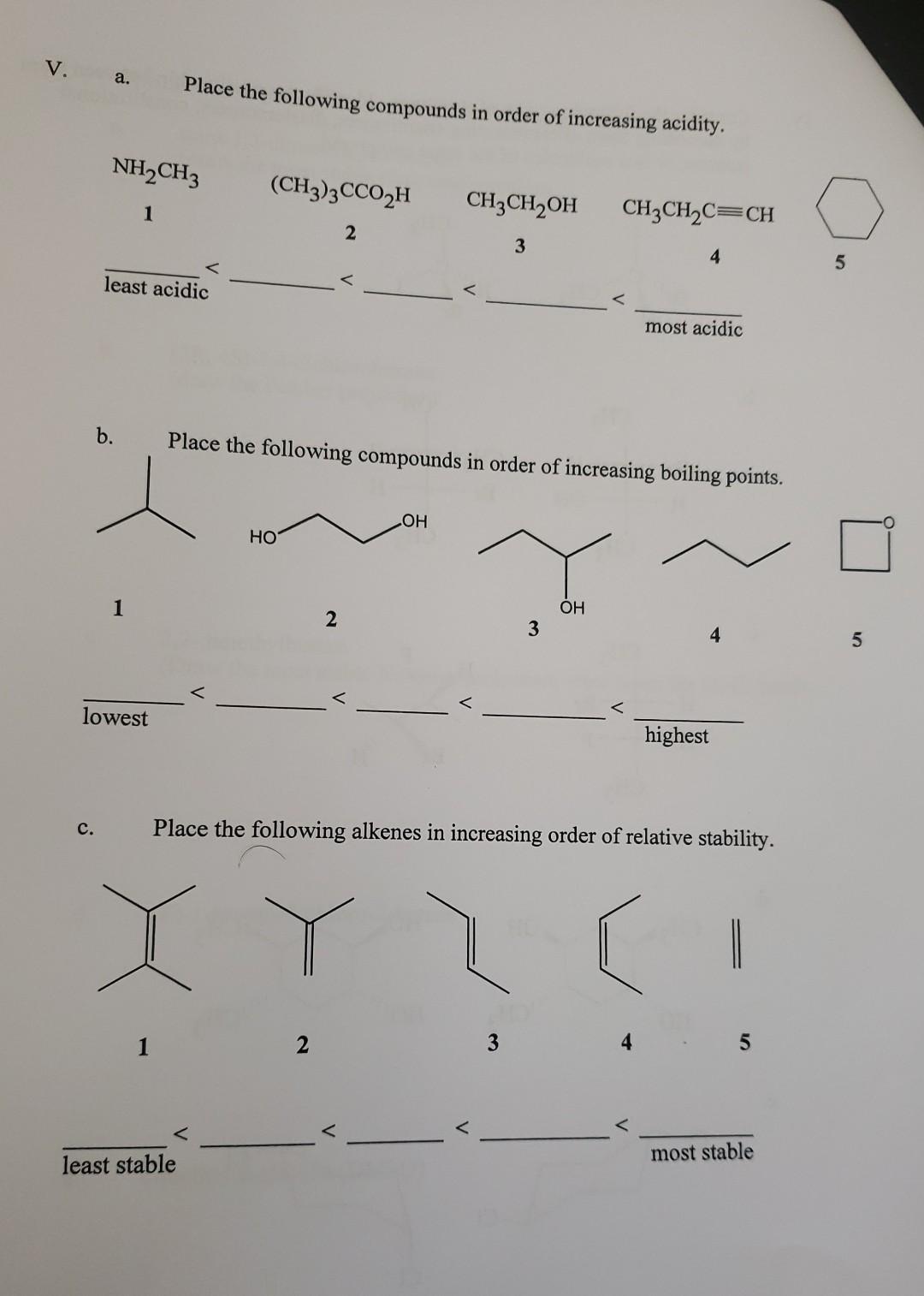 Solved V. a. Place the following compounds in order of | Chegg.com