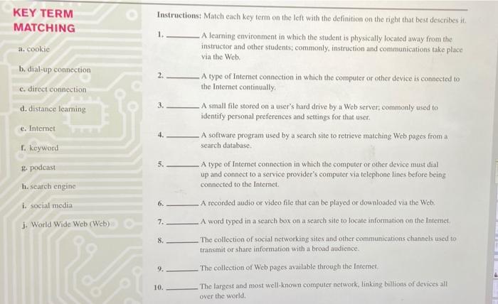 Solved KEY TERM MATCHING a. cookie 2. b. dial-up connection | Chegg.com