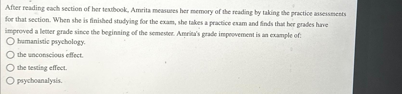 Solved After reading each section of her textbook, Amrita | Chegg.com