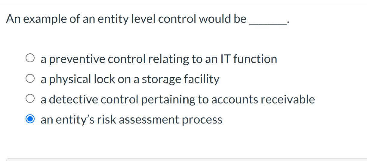 Solved An example of an entity level control would bea | Chegg.com