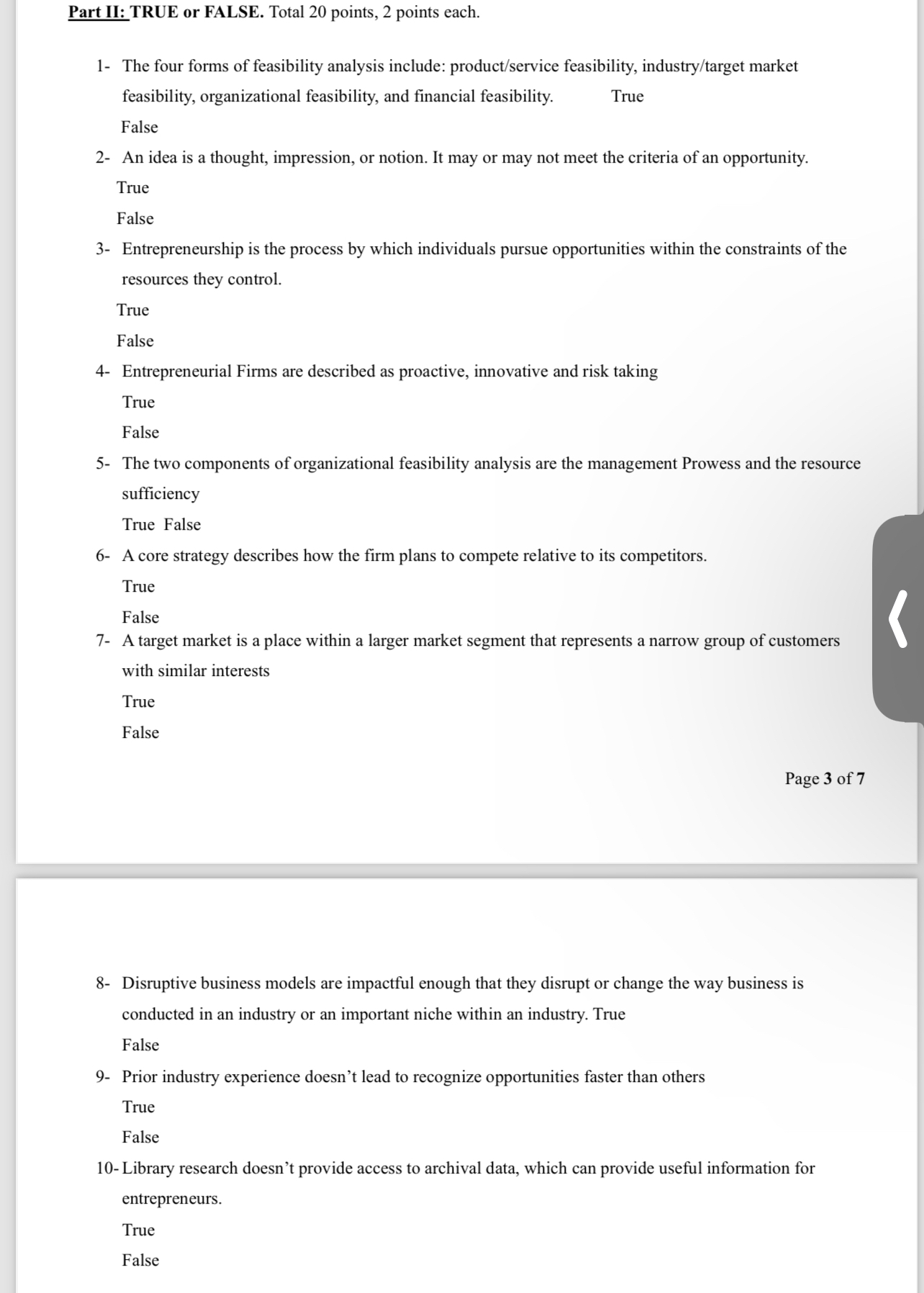 Solved Part II: TRUE or FALSE. Total 20 ﻿points, 2 ﻿points | Chegg.com