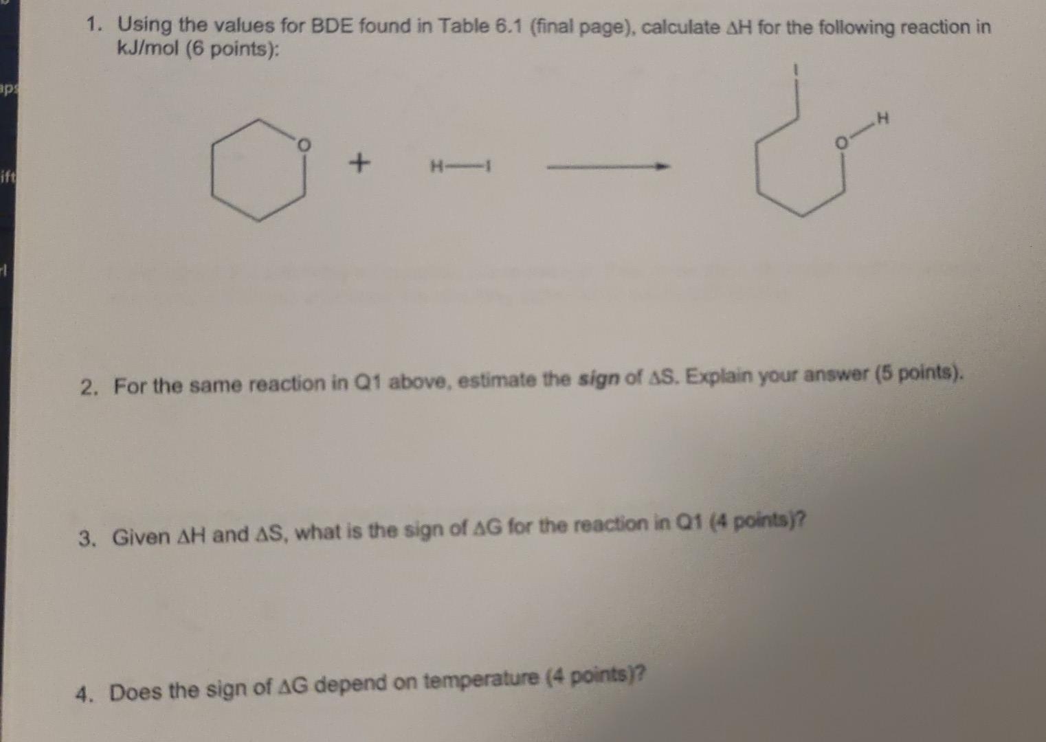 Solved 1. Using the values for BDE found in Table 6.1 (final | Chegg.com