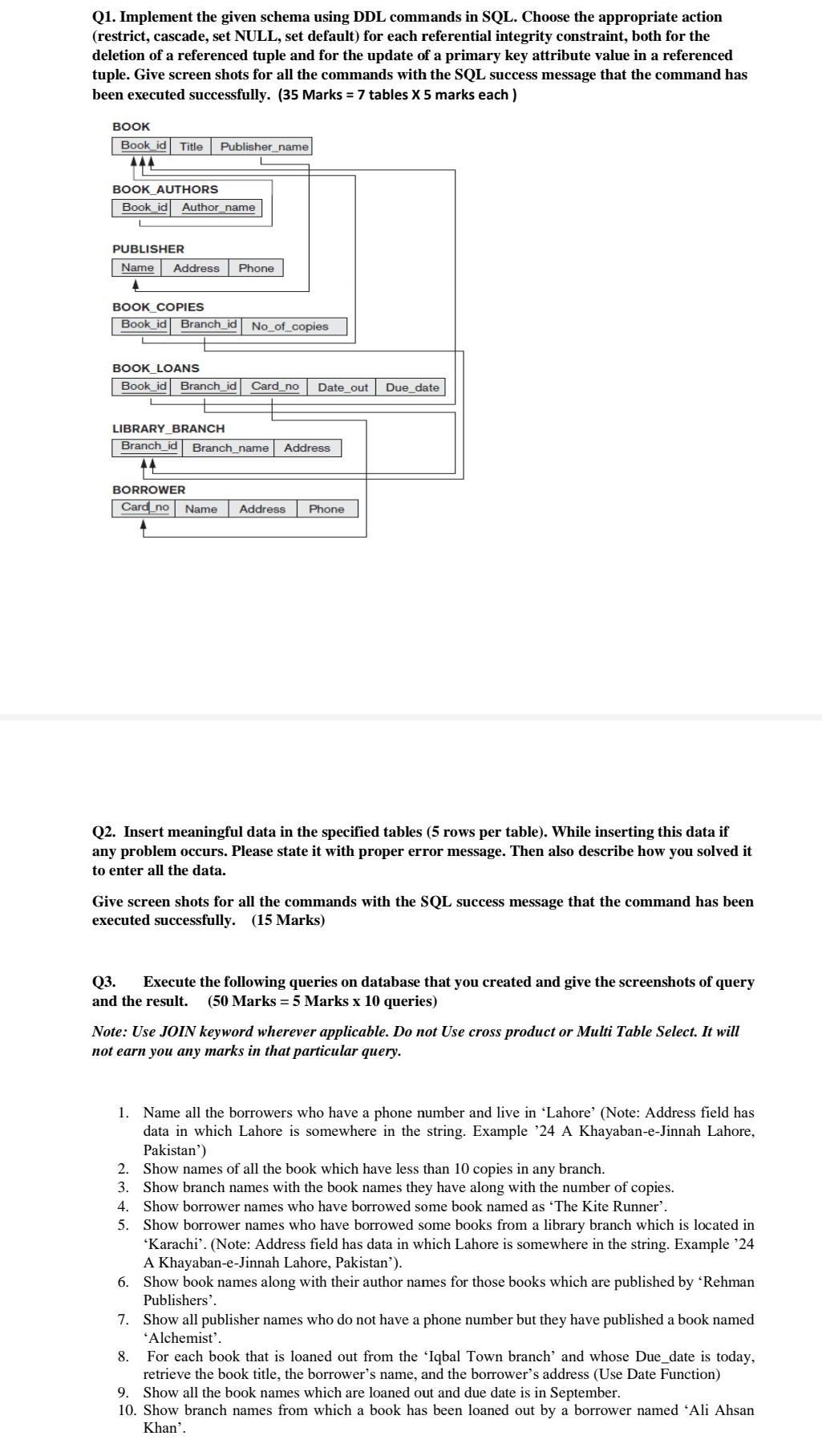 Solved Q1 Implement The Given Schema Using Ddl Commands In