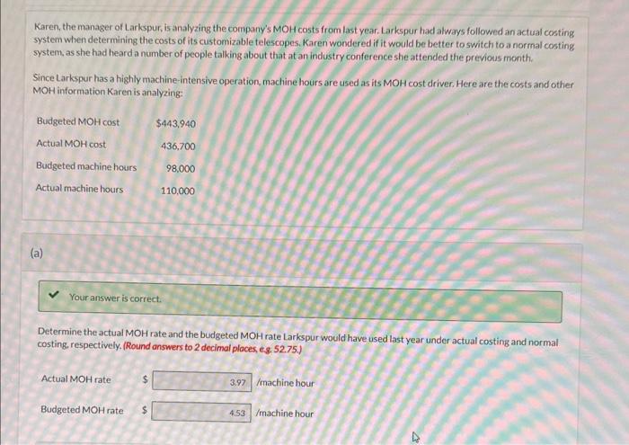 Solved Your answer is correct. Calculate total applied MOH | Chegg.com