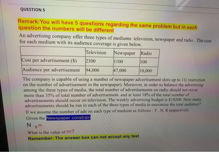 Solved QUESTION 5 Remark:You will have 5 questions regarding | Chegg.com