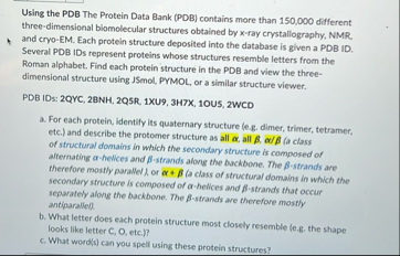 Solved Using the PDB The Protein Data Bank (PDB) ﻿contains | Chegg.com