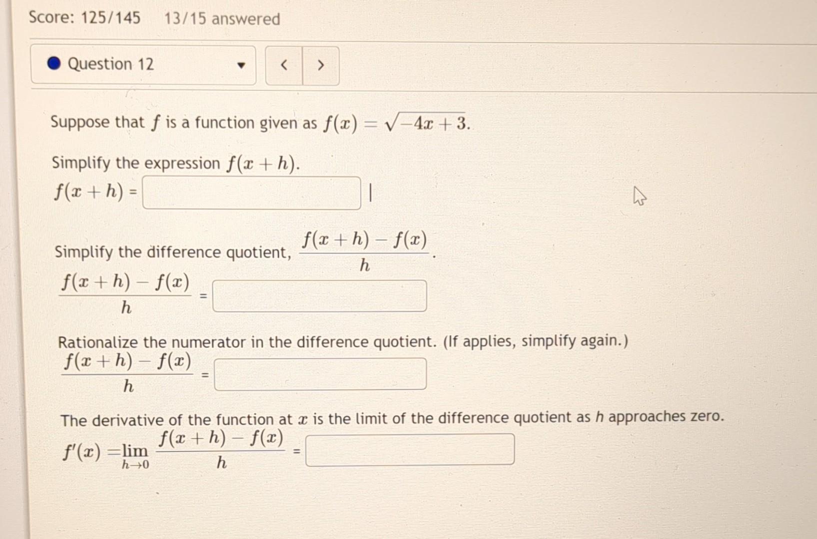 Solved Suppose that f is a function given as f(x)=−4x+3. | Chegg.com